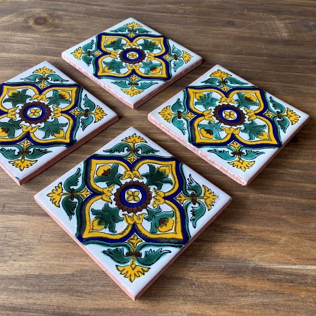 Mexico Tile Coasters, Hacienda Style Decor Talavera Tile Coasters Set ...