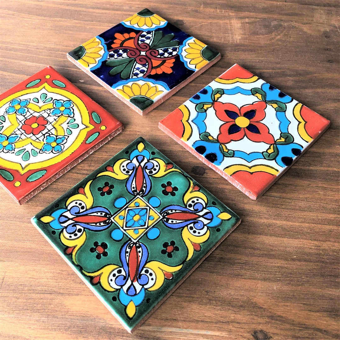 Mexico Tile Coasters, Hacienda Style Decor Talavera Tile Coasters Set ...