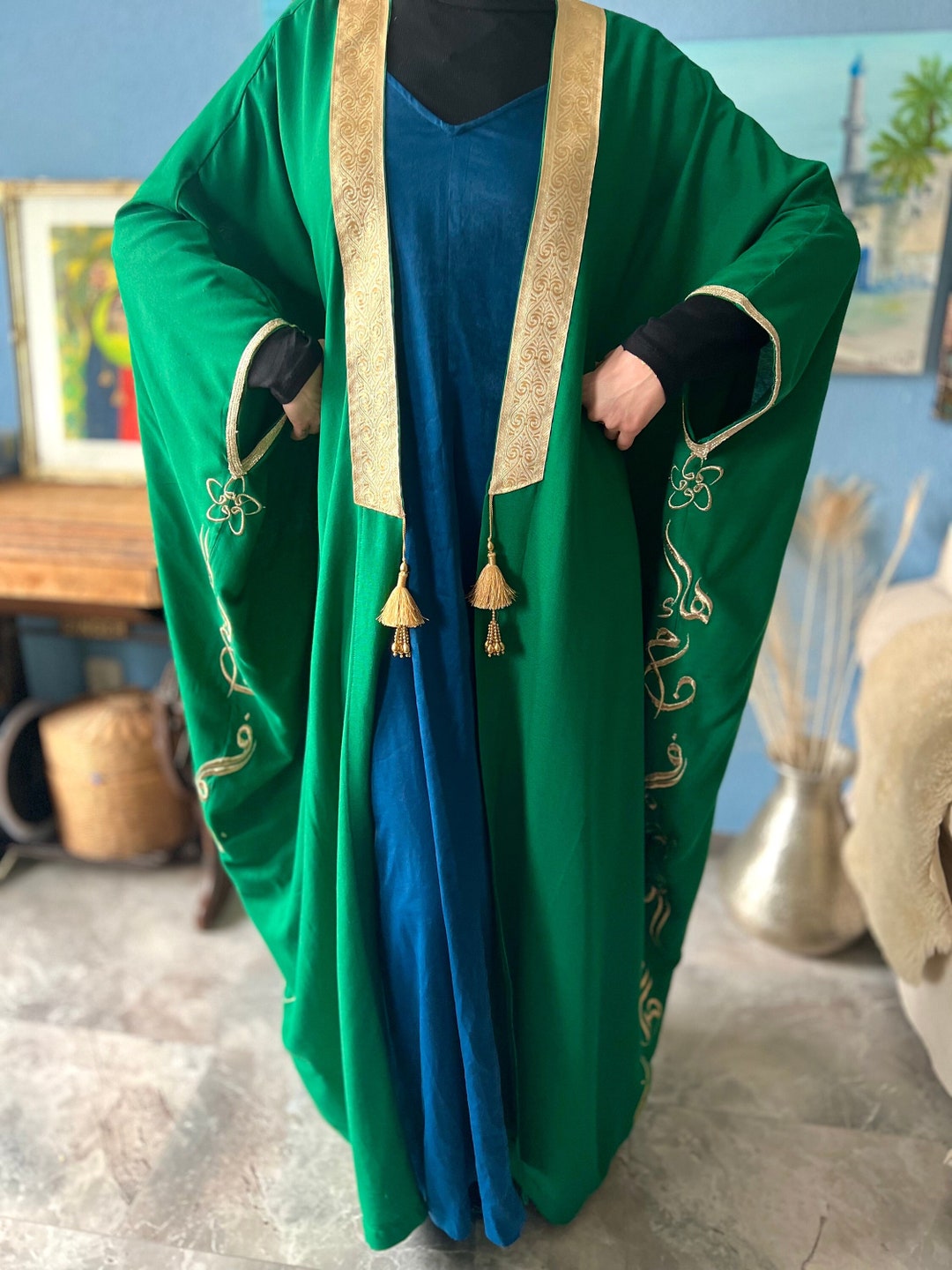 Green Arabic Embroidery Calligraphy Letters Ramadan Eid Abaya/kimono ...