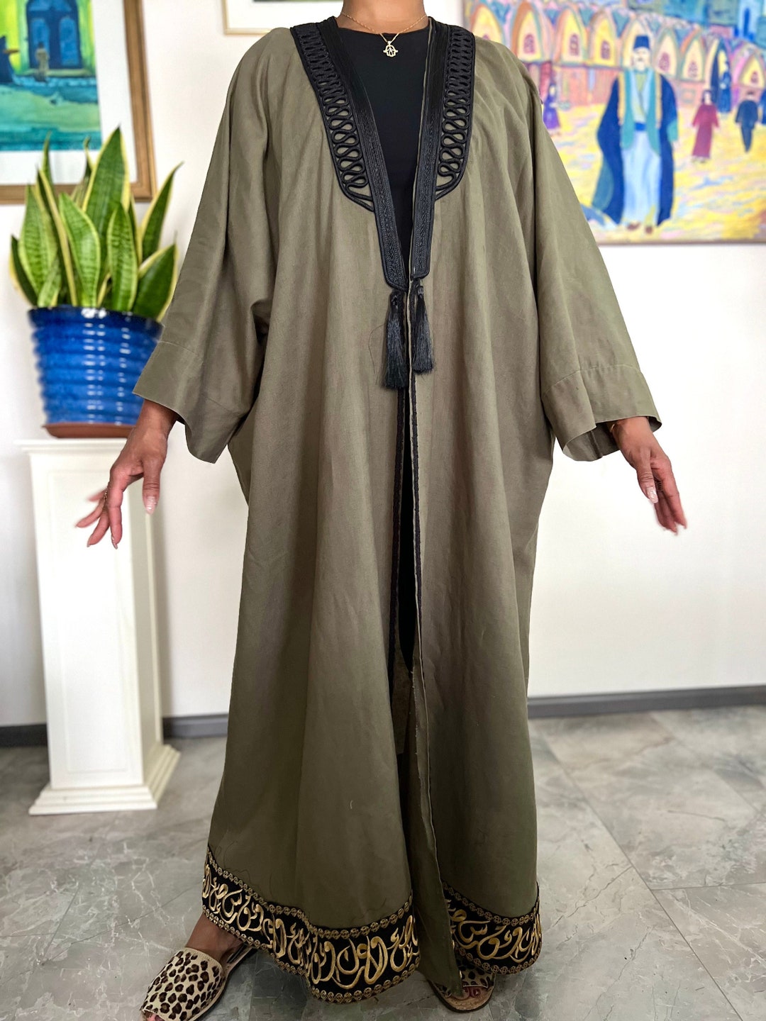 Long Dubai Iraq Linen Dress Kaftan,arabic Letters Calligraphy ...