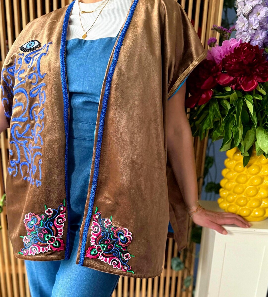 Blazer Short Jacket Top Gilet Arabic Letters Calligraphy Embroidery ...