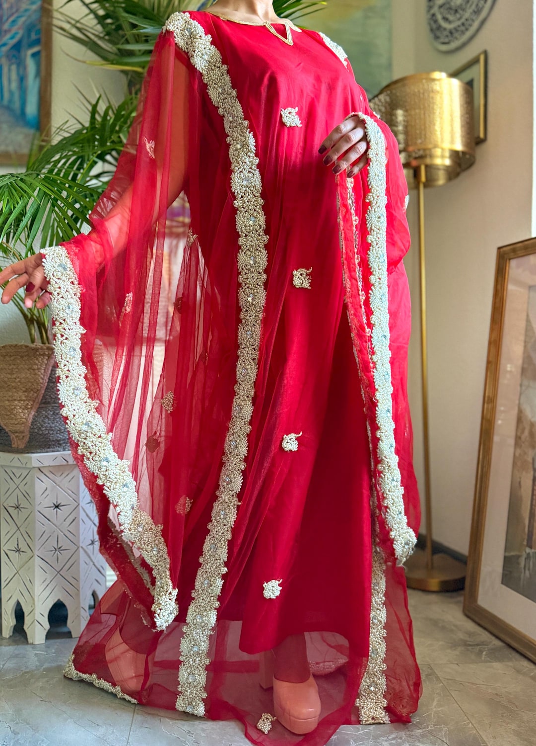 Red Hashmi Kaftan Iraqi Maxi Dress Pearl Beads Tulle Mesh Lace ...