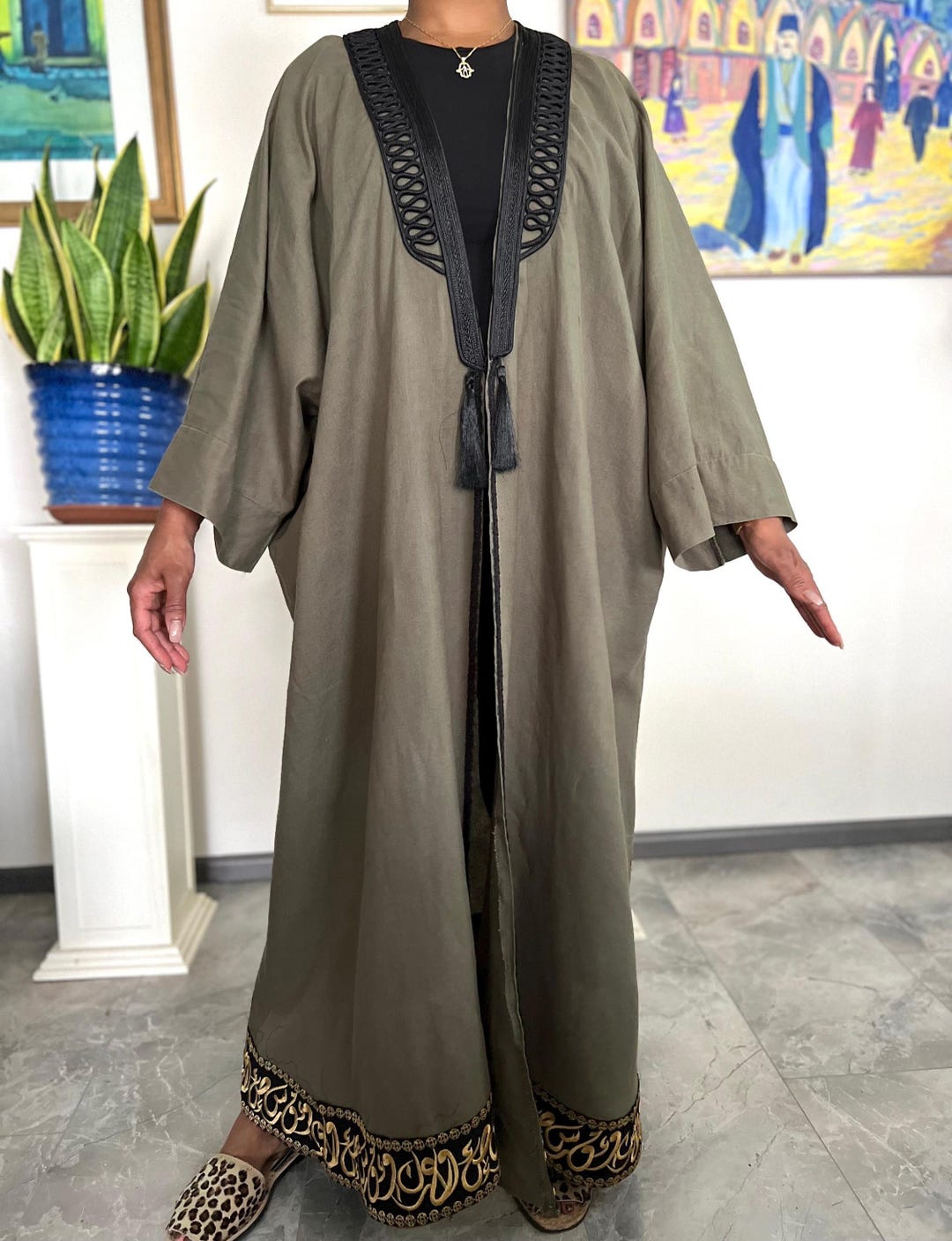 Long Dubai Iraq Linen Dress Kaftan Arabic Letters Calligraphy ...