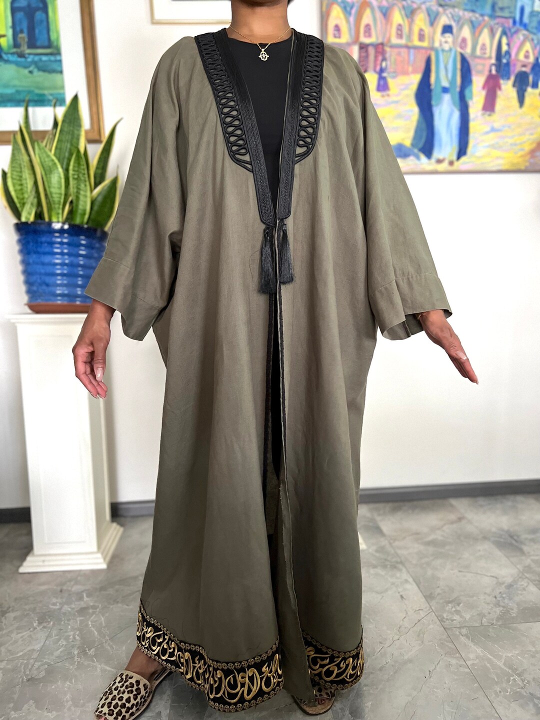 Long Dubai Iraq Linen Dress Kaftan,arabic Letters Calligraphy ...