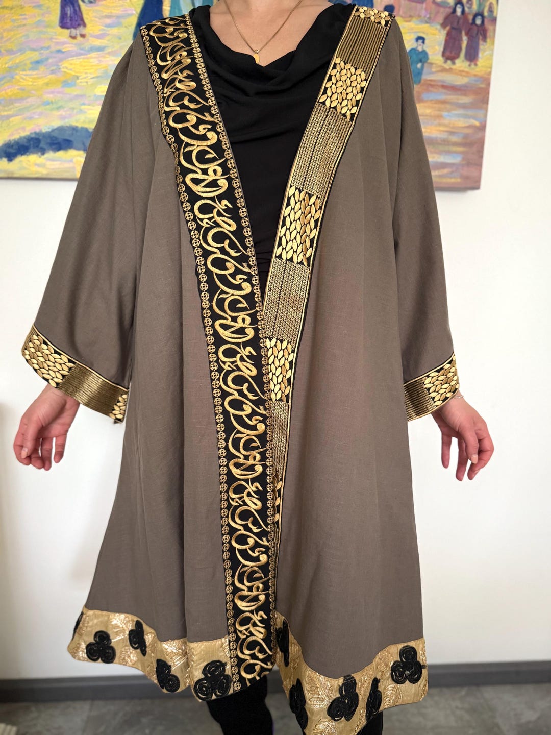 Arabic Letters Calligraphy Embroidery Linen Abaya Dress Kaftan Jacket ...