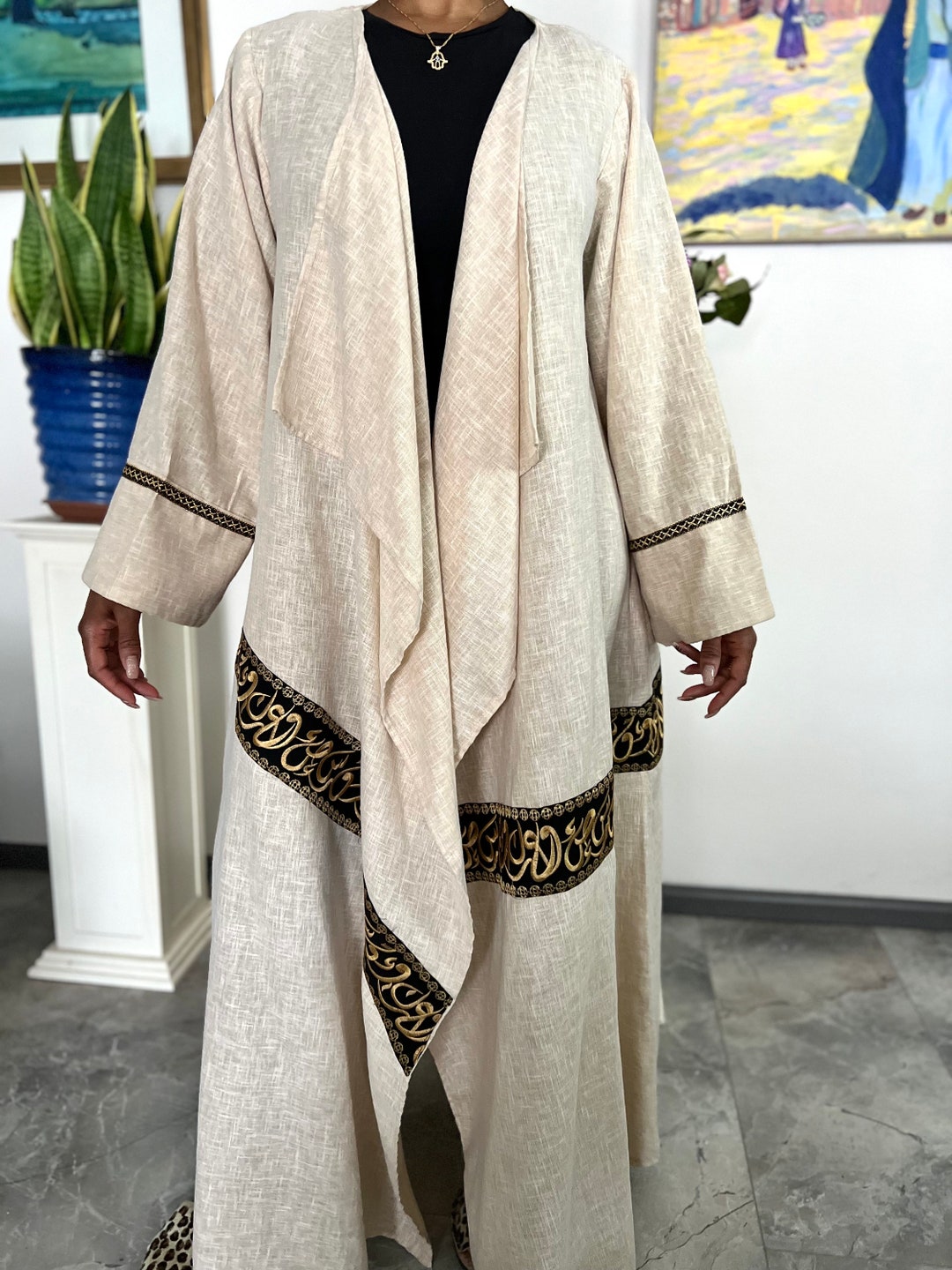 Linen Arabic Letters Calligraphy Embroidery Detail Abaya/jacket/kaftan ...