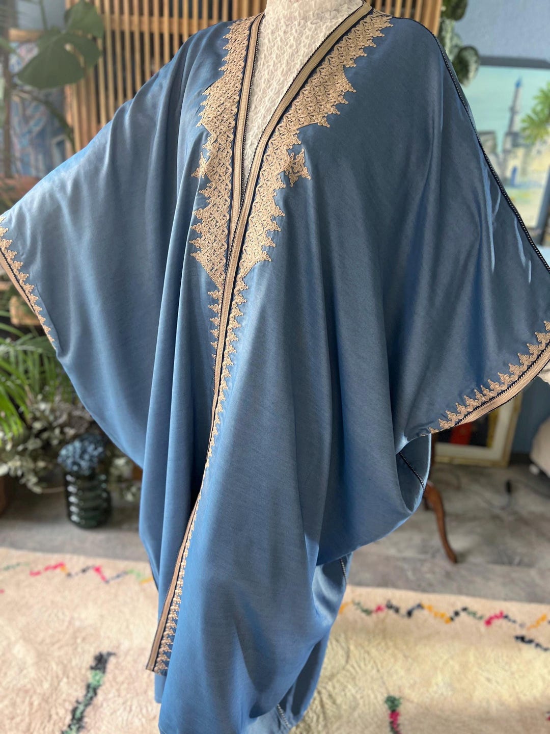 Oriental Boho Arabic Morocco Linen Maxi Abaya Jacket Kaftan Robe Kimono ...