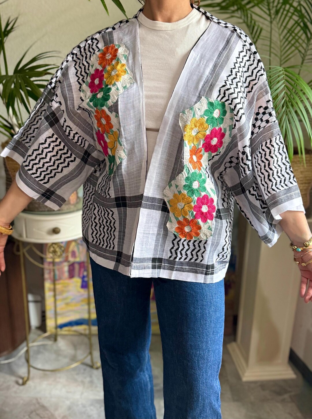 Color Flower Tatreez Arabic Shemagh-keffiyeh Short Jacket Kimono Poncho ...