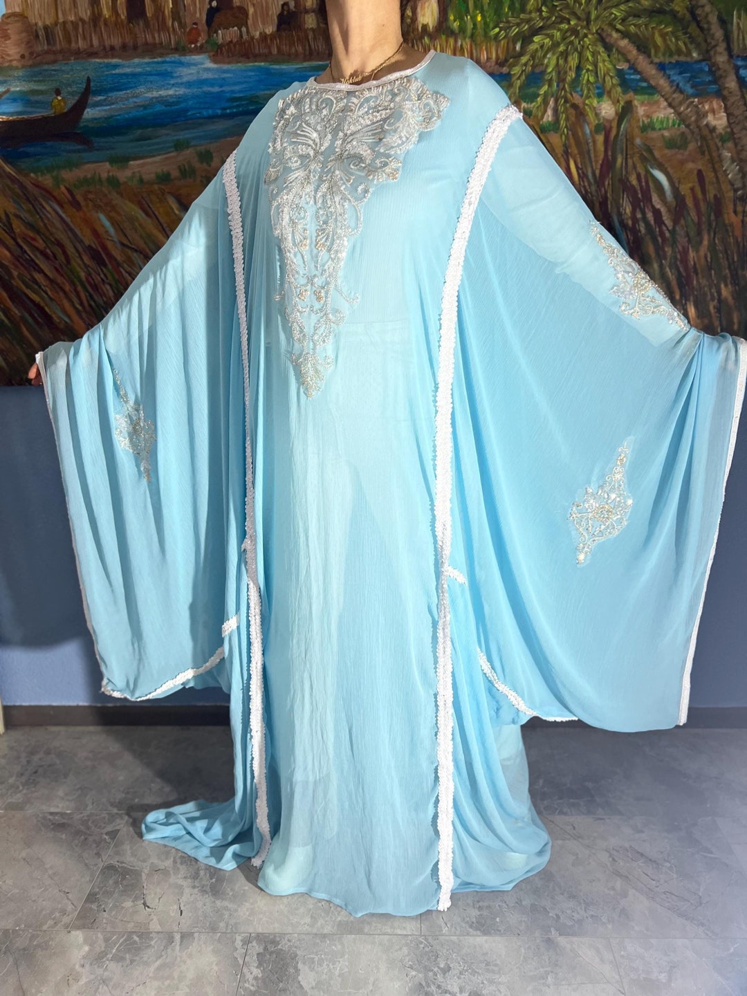 Blue Silver Lace Sequin Kaftan Glamorous Hashmi Gown Dubai Uae-iraq ...