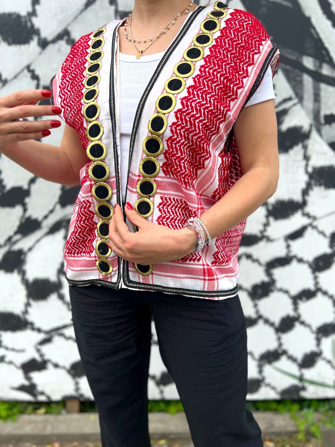 Red Arabic Shemagh-keffiyeh Jacket Kimono Poncho Tunic Robe Gilet Short ...