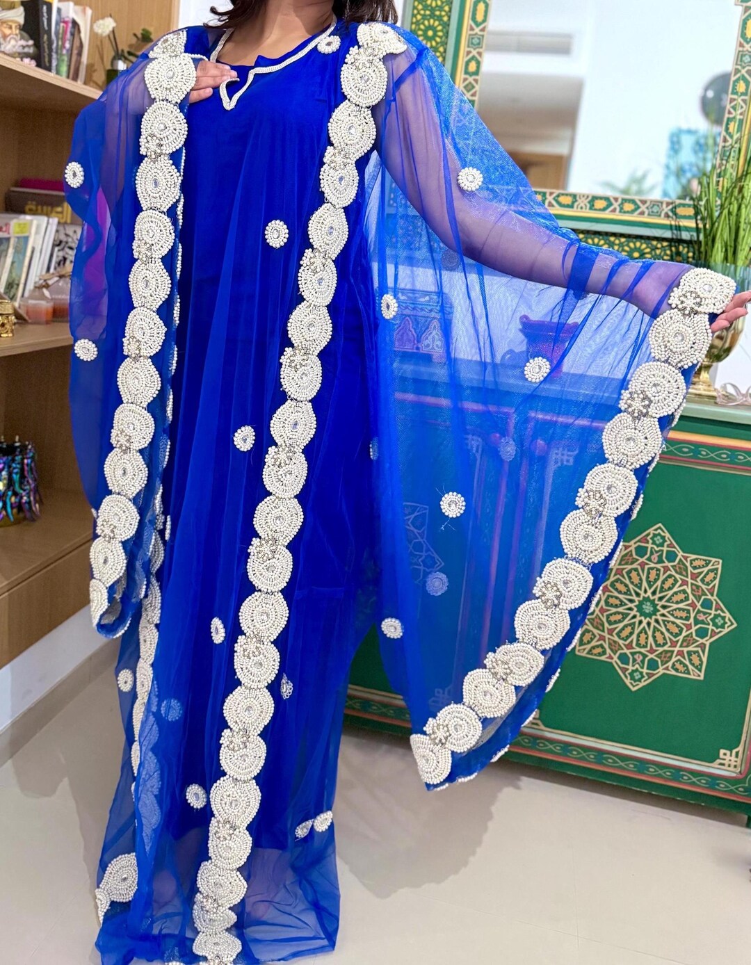 Royal Blue Iraqi Hashmi Maxi Dress Handmade Tulle Abaya Kaftan Sari ...