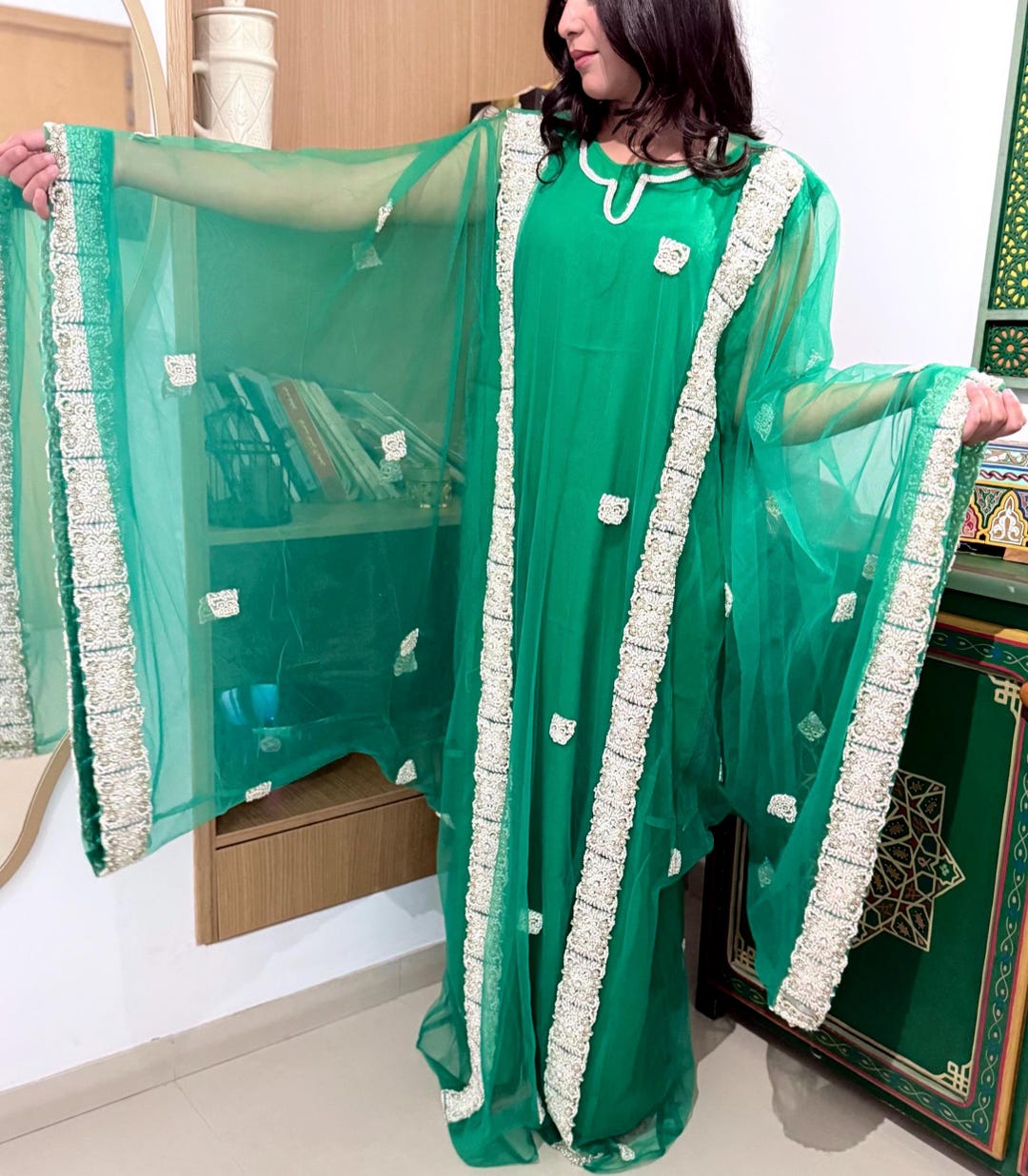 Iraqi Emerald Green Hashmi Abaya Handmade Tulle Maxi Dress Pearl Beaded ...