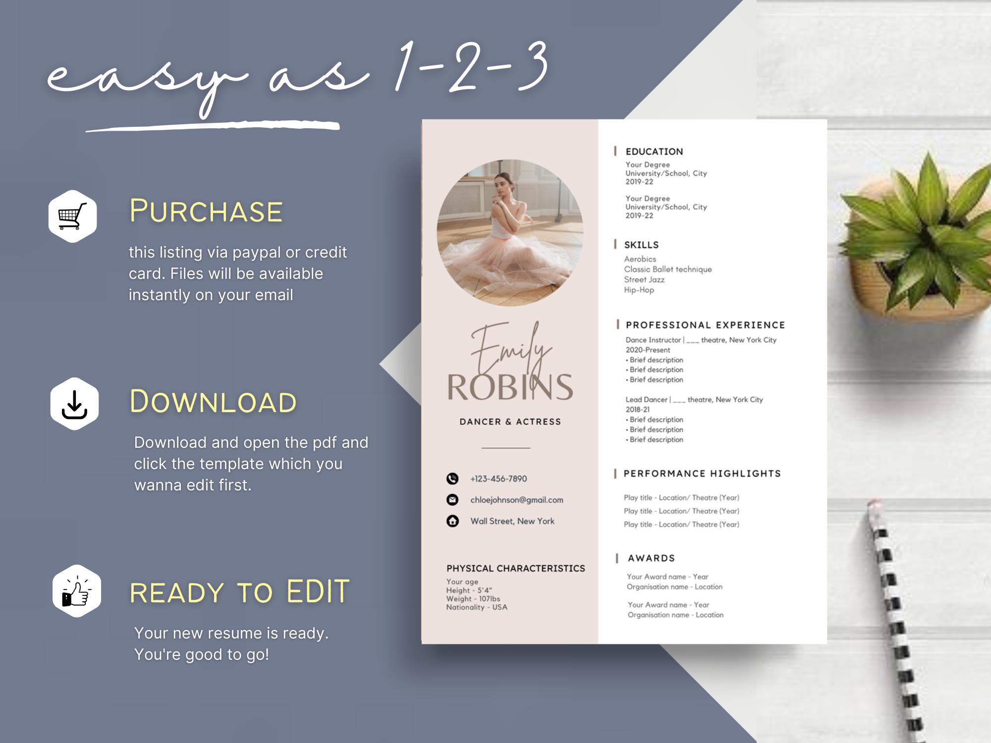 Ballet Resume Template Canva Ballerina Audition Theatre Resume Template ...