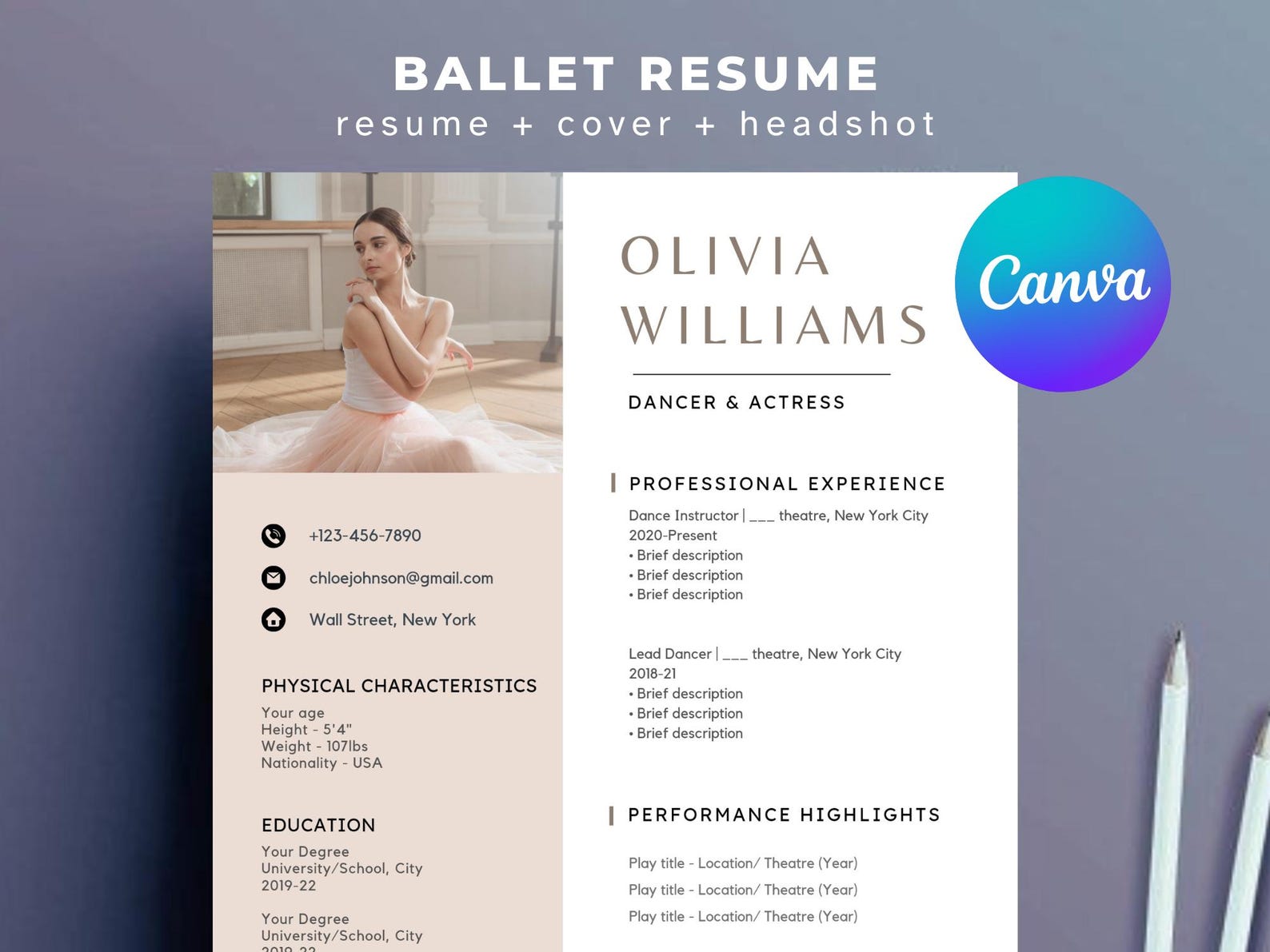 Ballet Resume Template Canva Ballerina Audition Theatre Resume Template ...