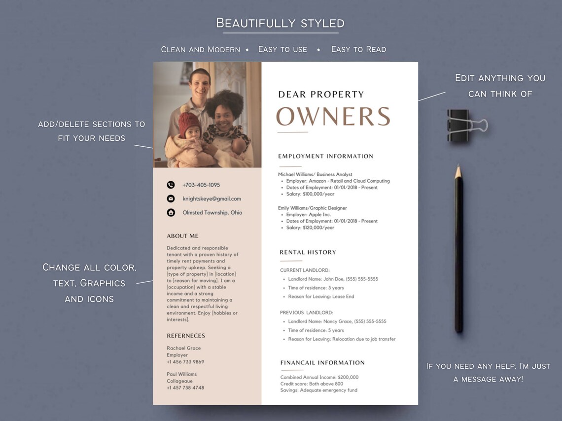 Tenant Resume Template Rental Application CV, Creative Rental Cover ...