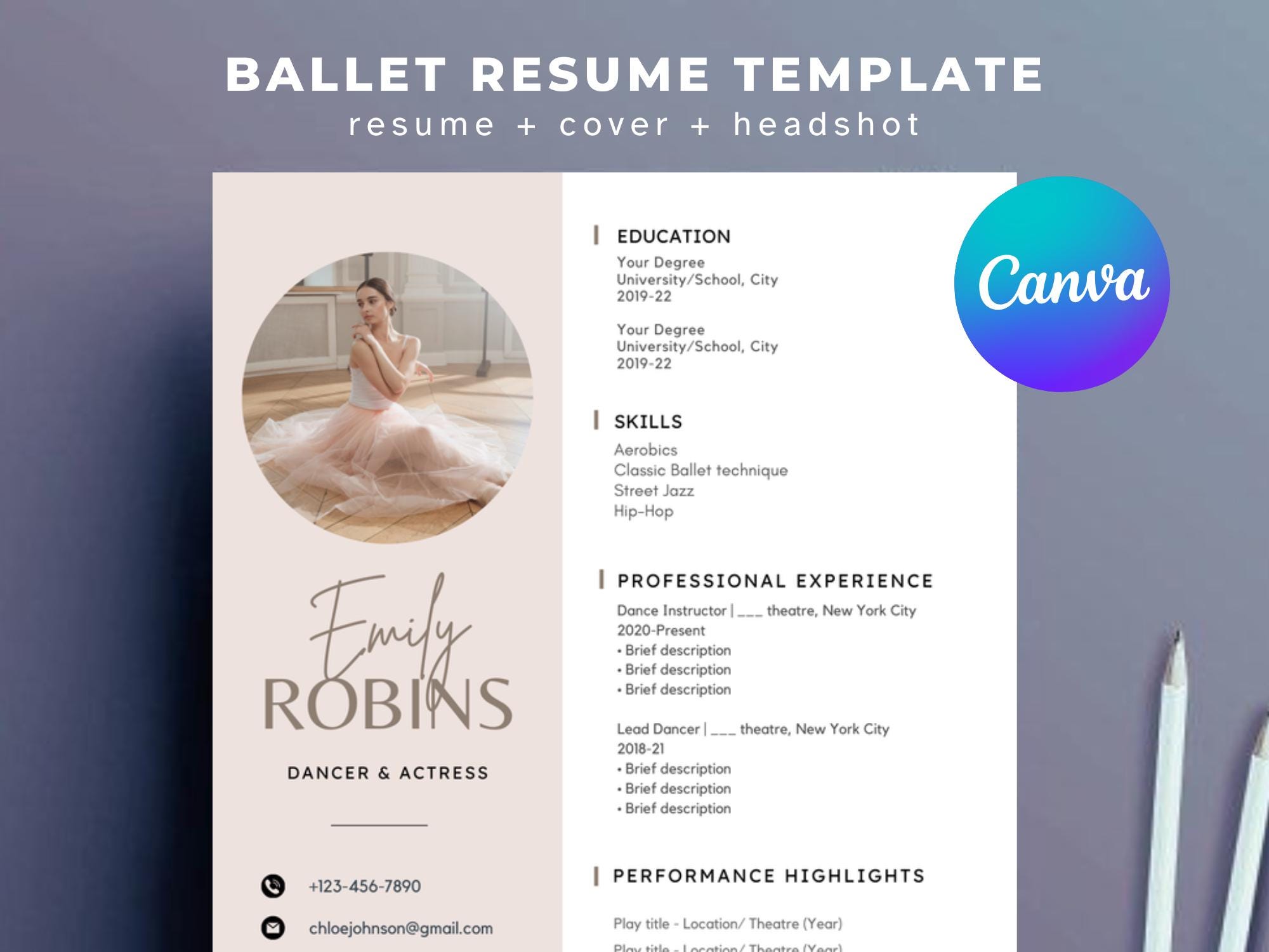 Ballet Resume Template Canva Ballerina Audition Theatre Resume Template ...