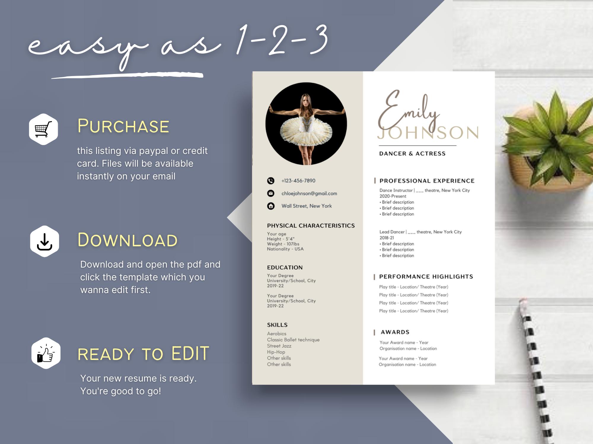 Ballet Resume Template Canva Ballerina Audition Theatre Resume Template ...