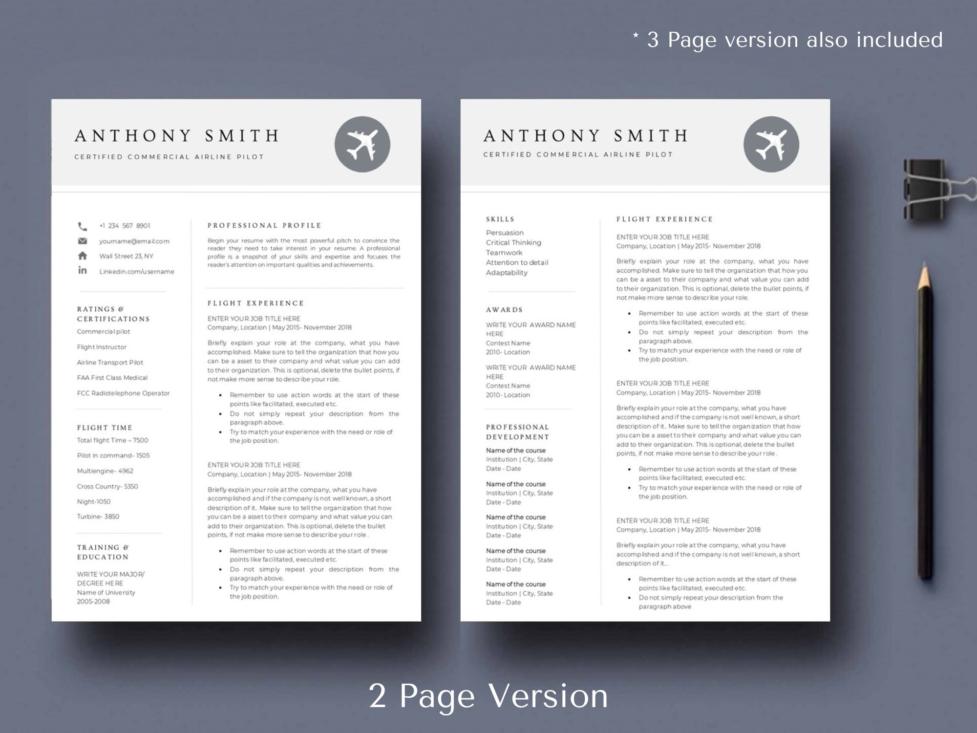 Pilot Resume Template for Aviation, Flight Attendant Crew Pilot ...