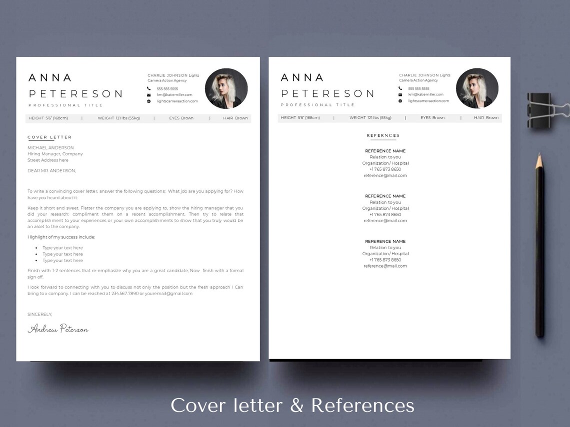 Theatre Resume Template With Headshot & Cover Letter 8x10 Size Actor ...