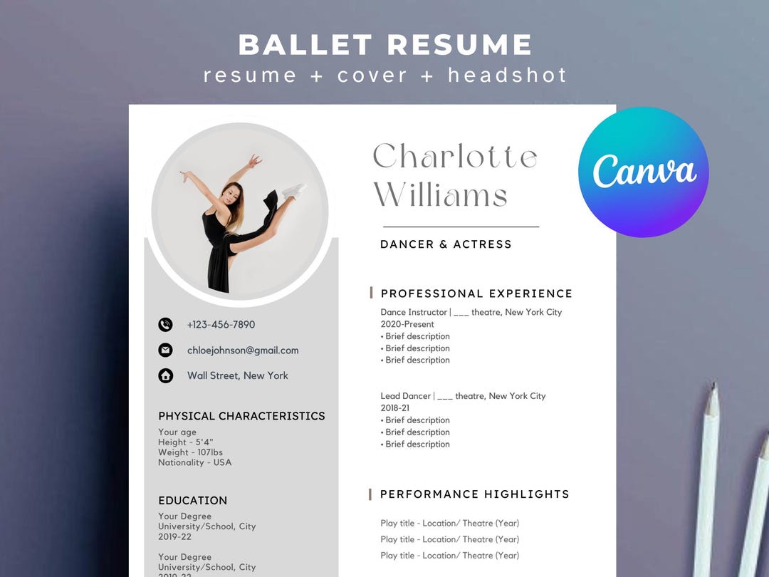 Ballet Resume Template Canva Ballerina Audition Theatre Resume Template ...