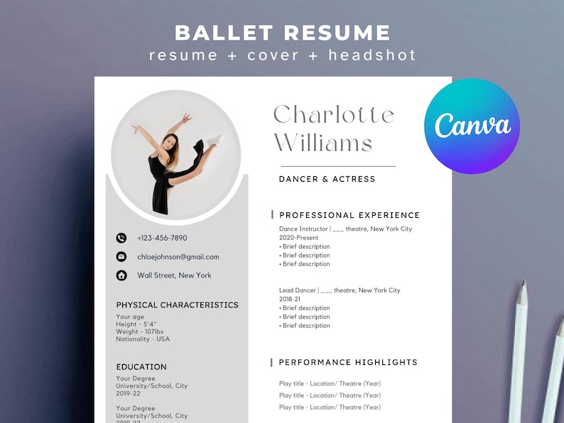 Ballet Resume Template Canva Ballerina Audition Theatre Resume Template ...