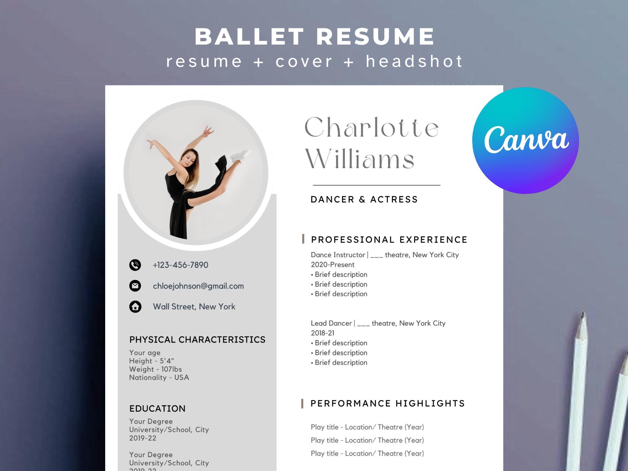 Ballet Resume Template Canva Ballerina Audition Theatre Resume Template ...