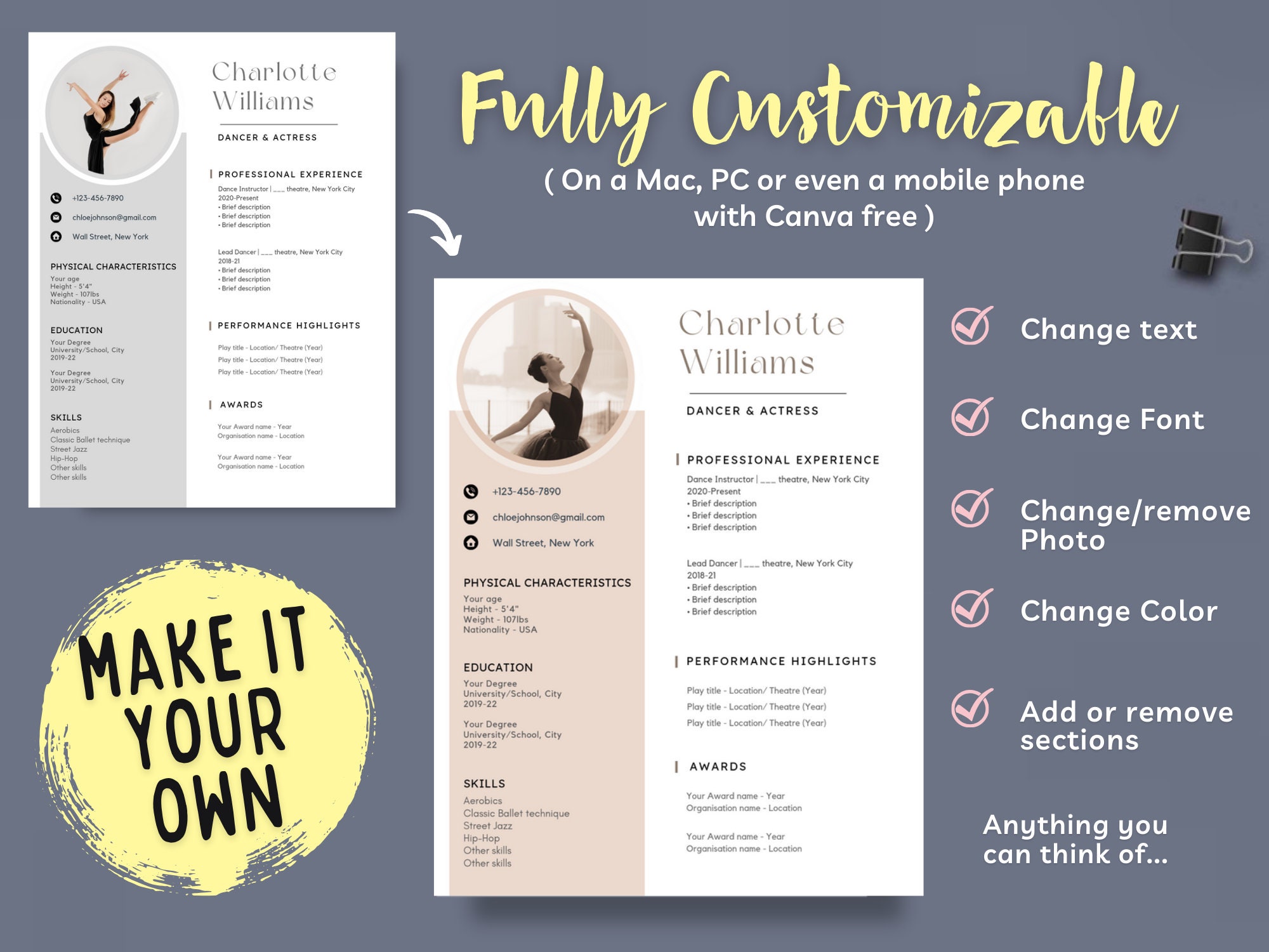 Ballet Resume Template Canva Ballerina Audition Theatre Resume Template ...