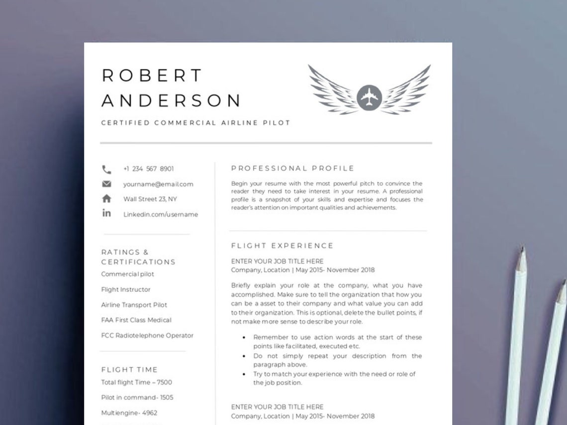 Pilot Resume Template for Aviation, Flight Attendant Crew Pilot ...