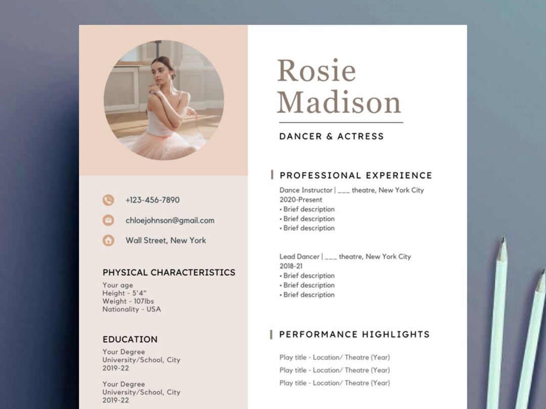Ballet Resume Template Canva 2024 Ballerina Audition Theatre Resume ...