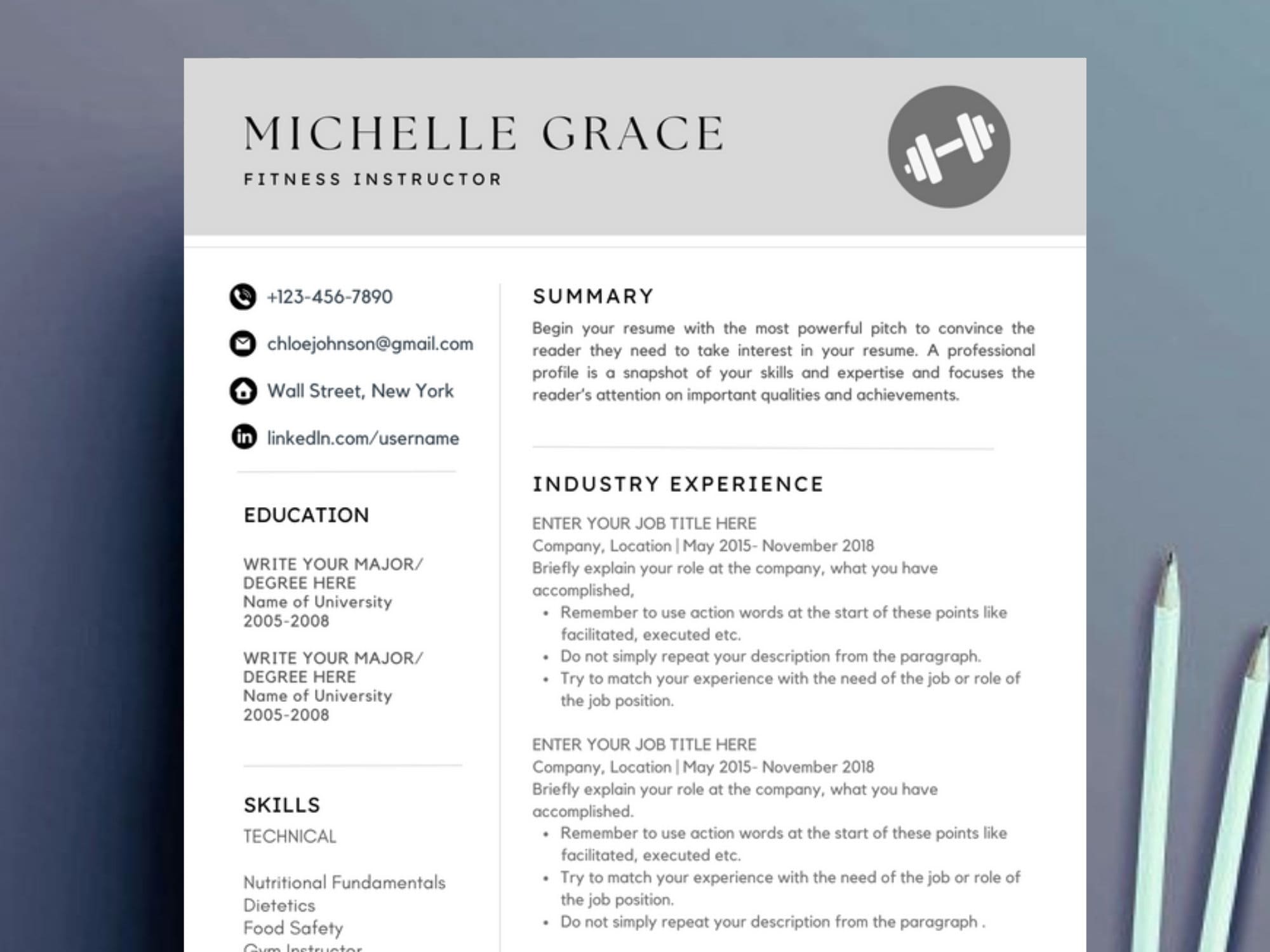 Fitness Instructor Resume Template Canva 2024 Fitness Trainer CV ...