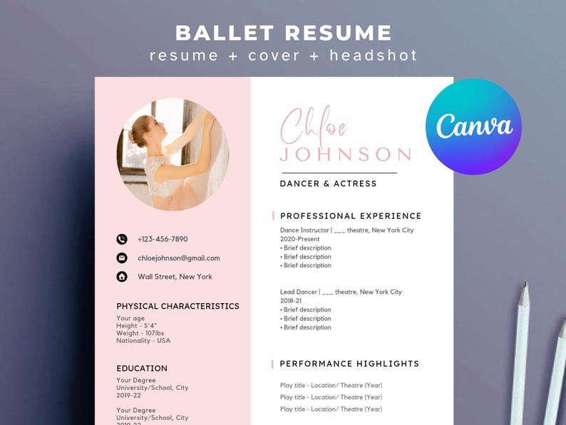 Ballet Resume Template Canva Ballerina Audition Theatre Resume Template ...