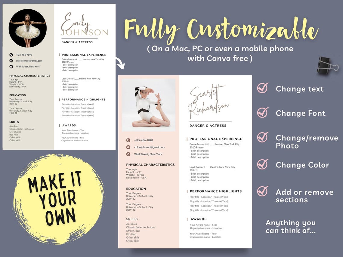 Ballet Resume Template Canva Ballerina Audition Theatre Resume Template ...