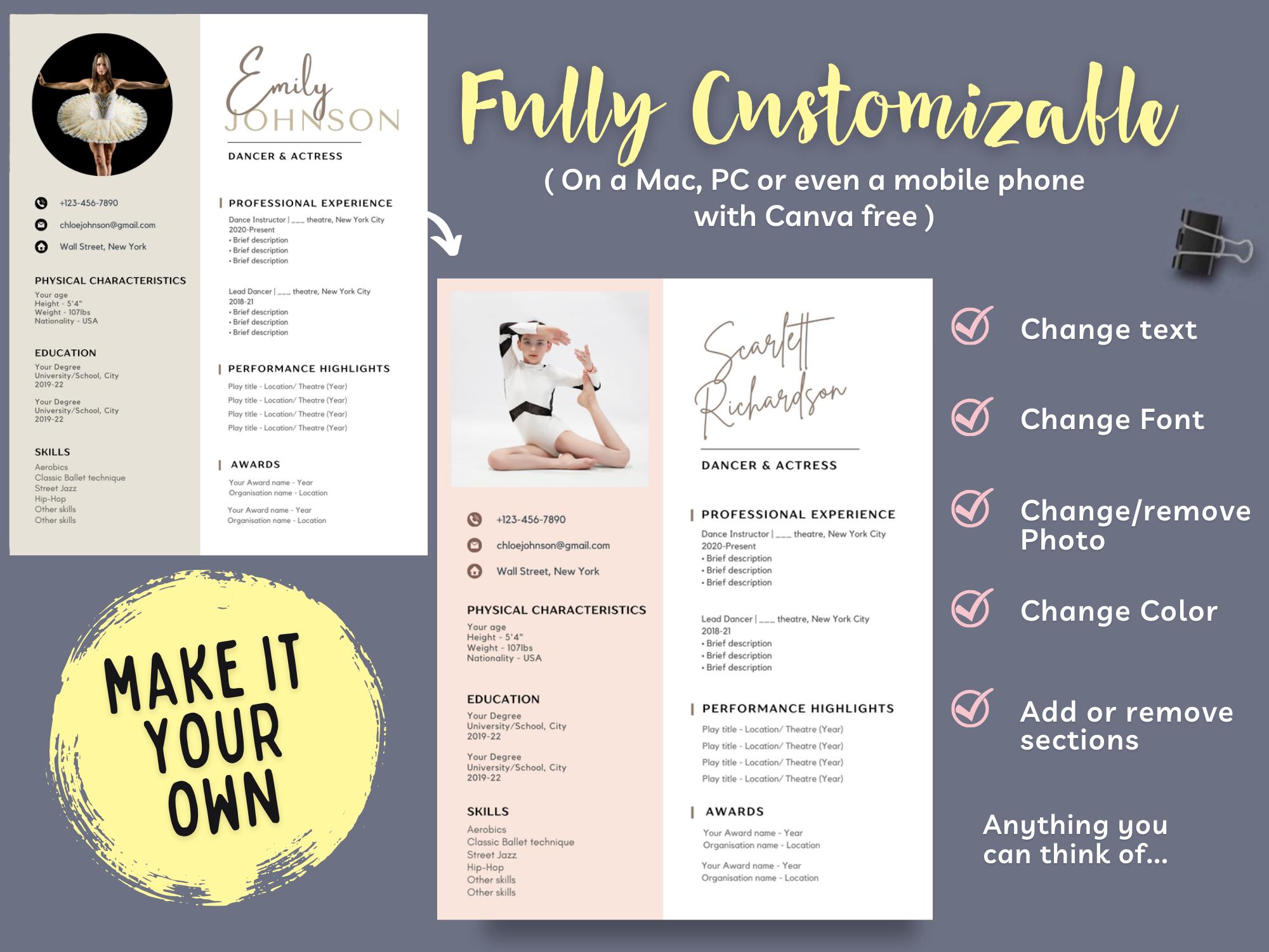 Ballet Resume Template Canva Ballerina Audition Theatre Resume Template ...