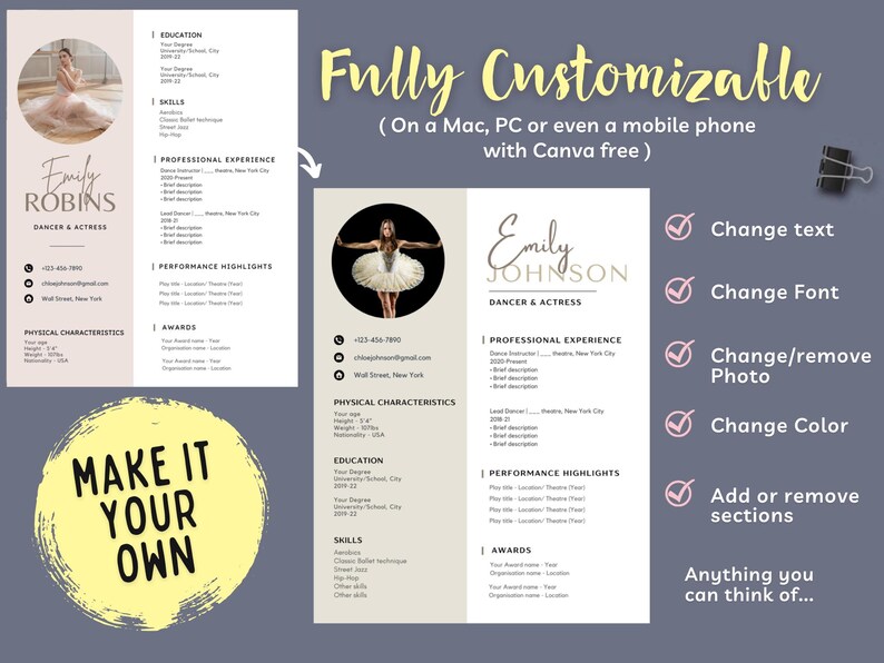 Ballet Resume Template Canva Ballerina Audition Theatre Resume Template ...