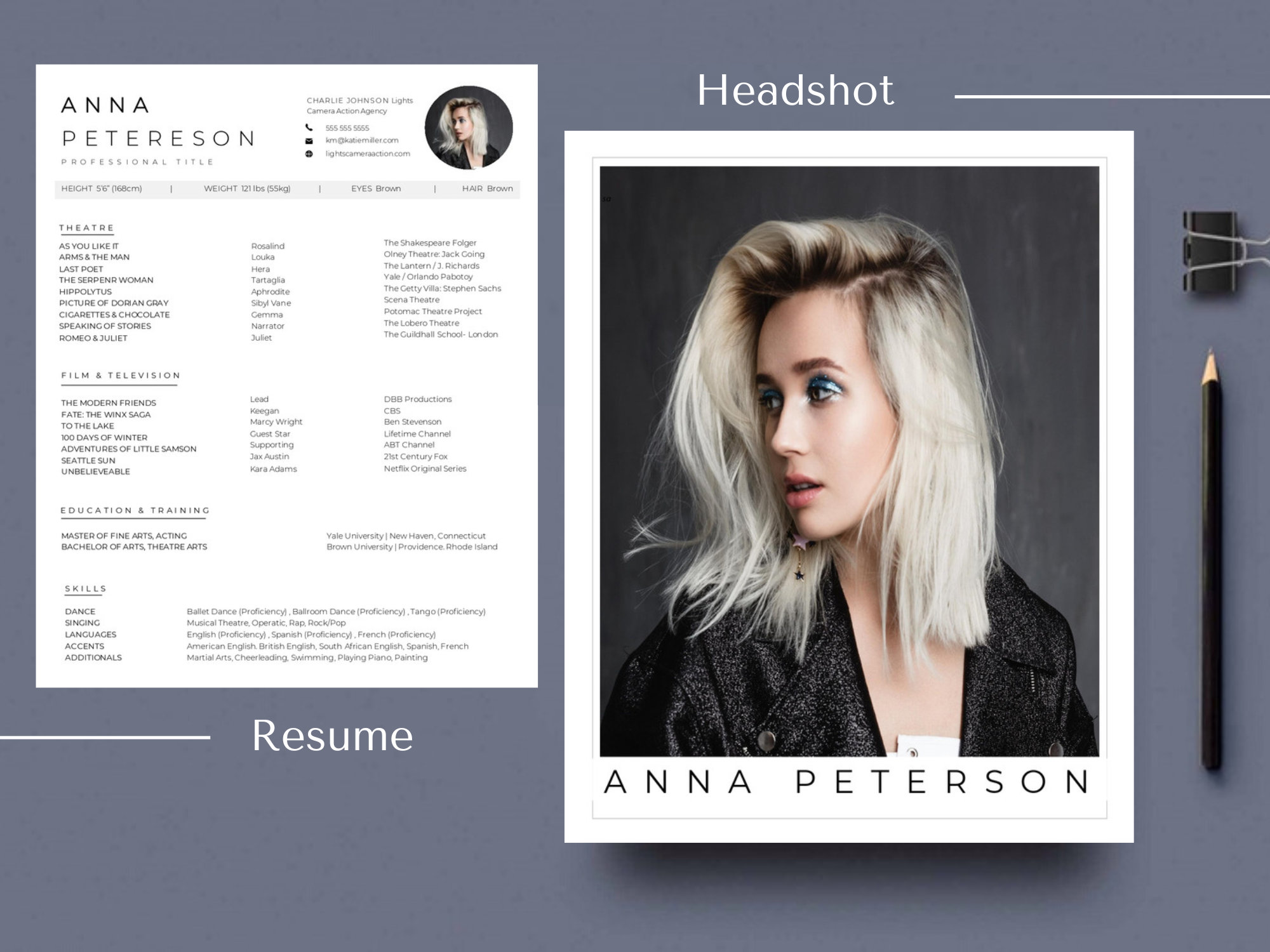 Theatre Resume Template With Headshot & Cover Letter 8x10 Size Actor ...
