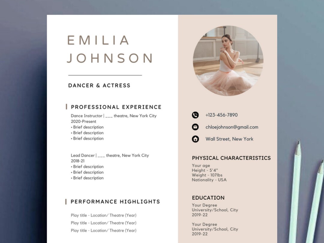 Ballet Resume Template Canva 2024 Ballerina Audition Theatre Resume ...