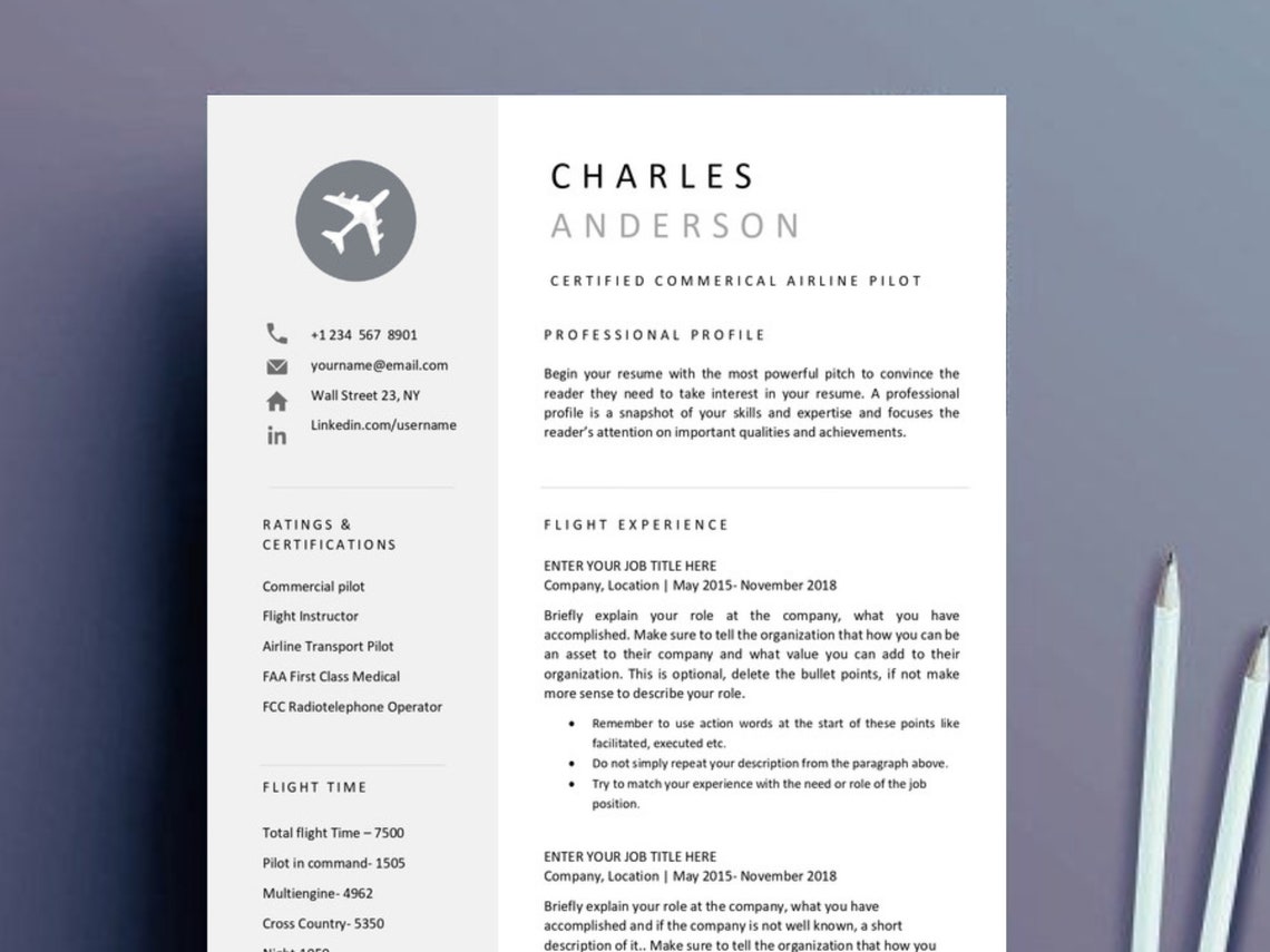 Pilot Resume Template for Aviation, Flight Attendant Crew | Pilot ...