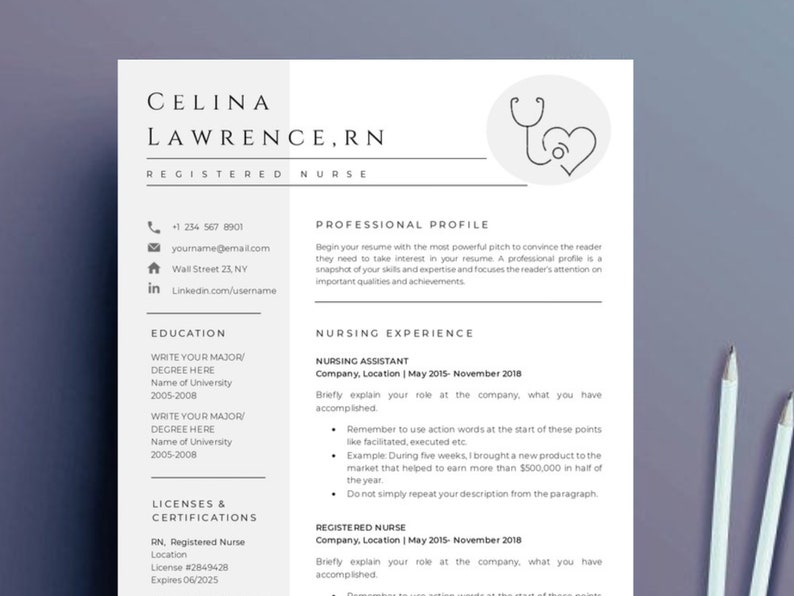 Nurse Resume Template Word & Google Docs Nurse Cv Template - Etsy