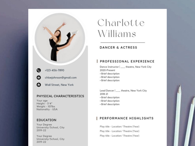 Ballet Resume Template Canva 2024 Ballerina Audition Theatre Resume ...