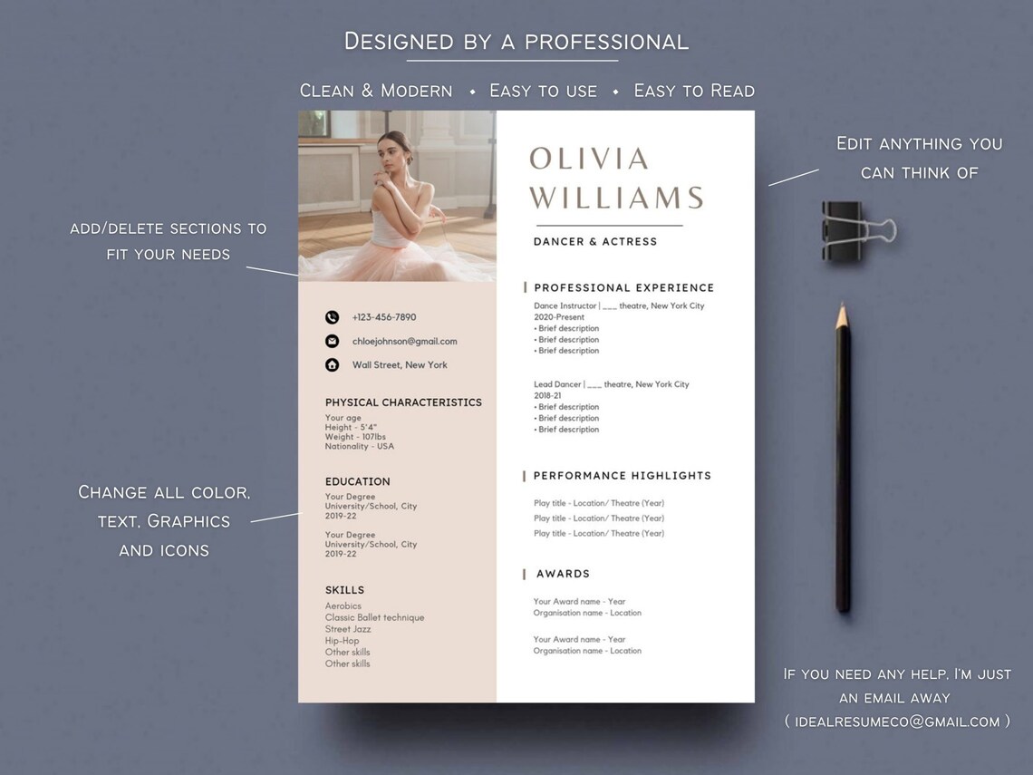 Ballet Resume Template Canva Ballerina Audition Theatre Resume Template ...