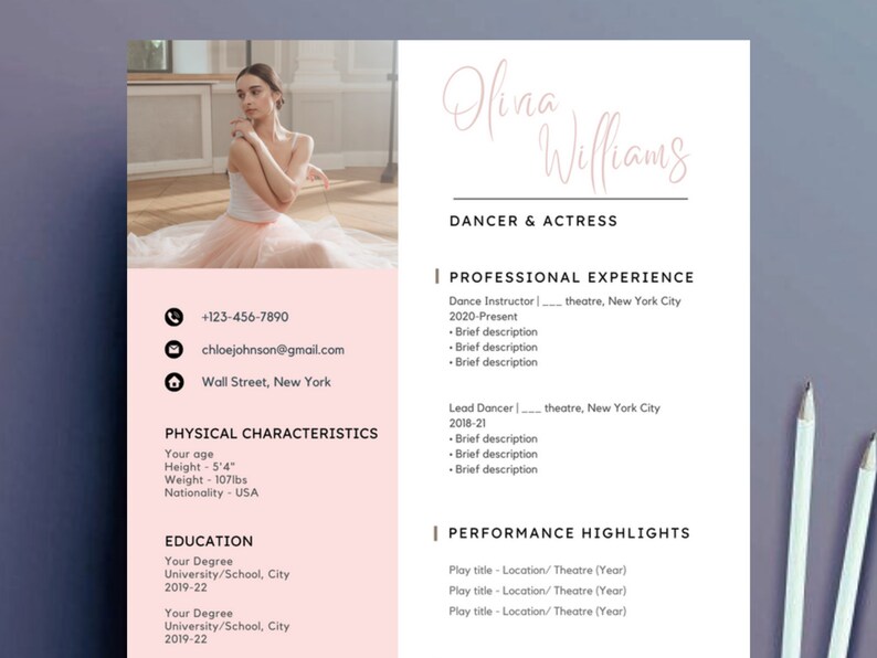 Ballet Resume Template Canva Ballerina Audition Theatre Resume Template ...
