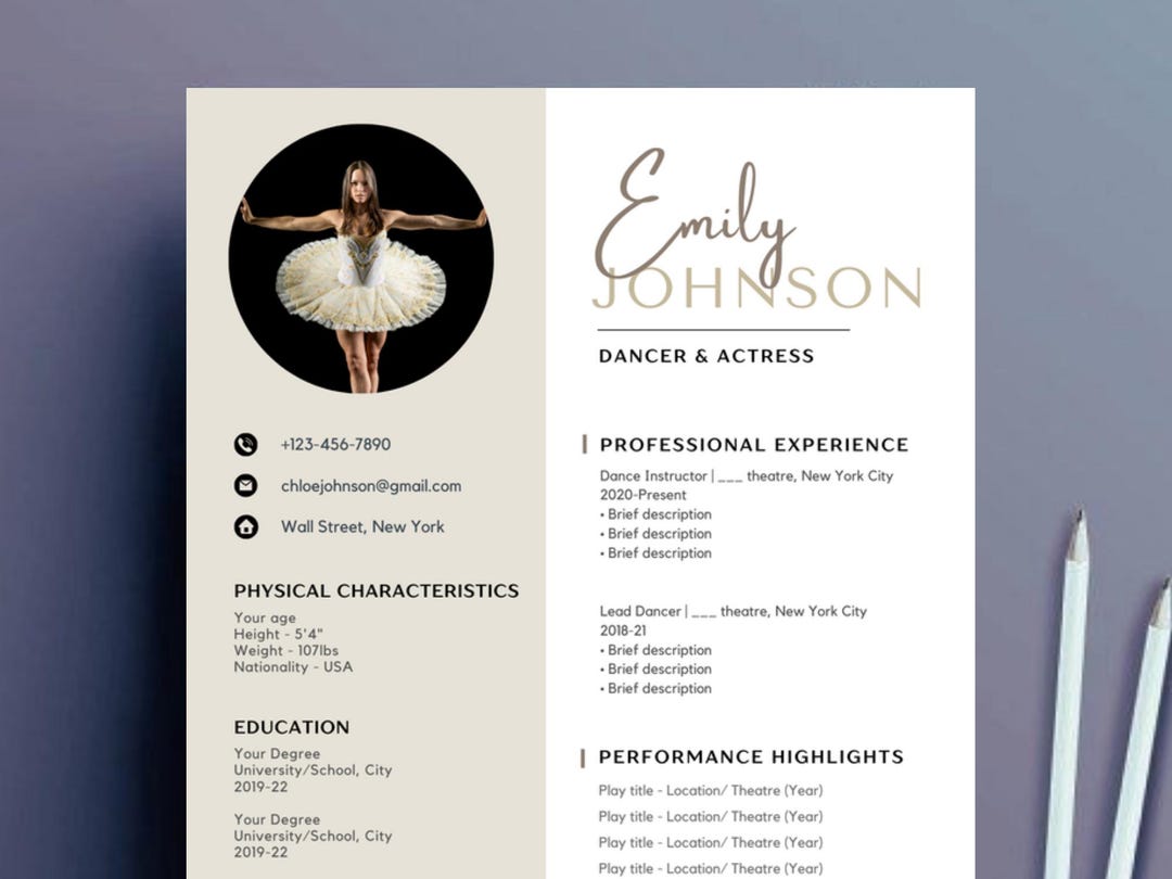 Ballet Resume Template Canva 2024 - Ballerina Audition | Theatre Resume ...