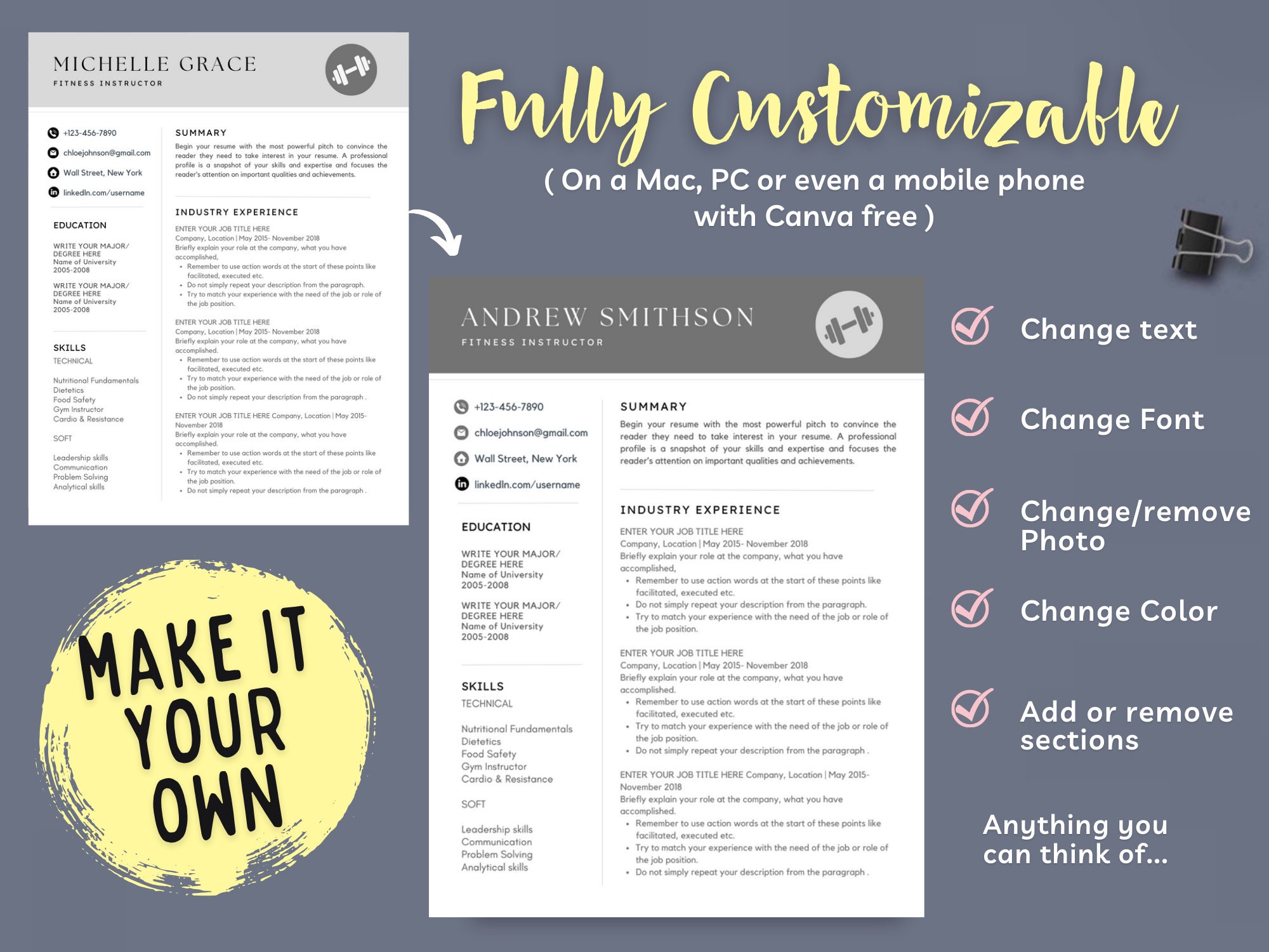 Fitness Instructor Resume Template Canva 2024 Fitness Trainer CV ...