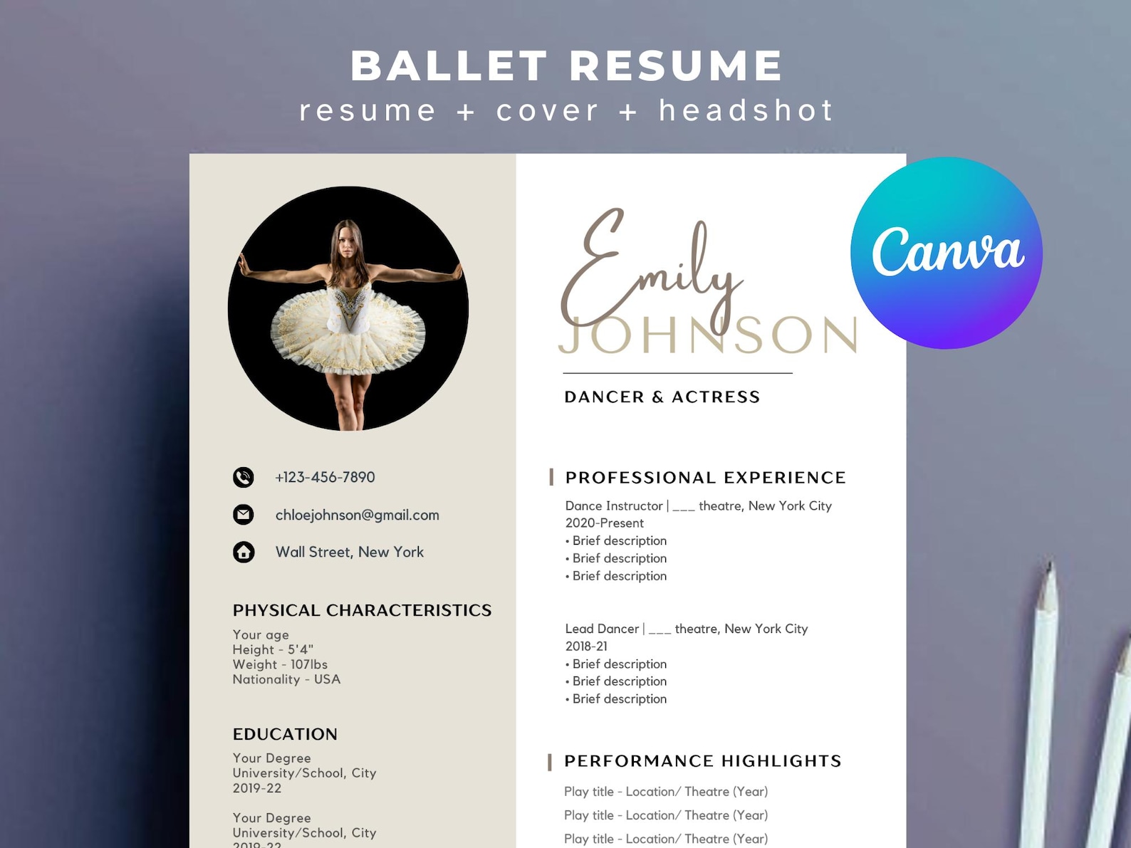 Ballet Resume Template Canva Ballerina Audition Theatre Resume Template ...