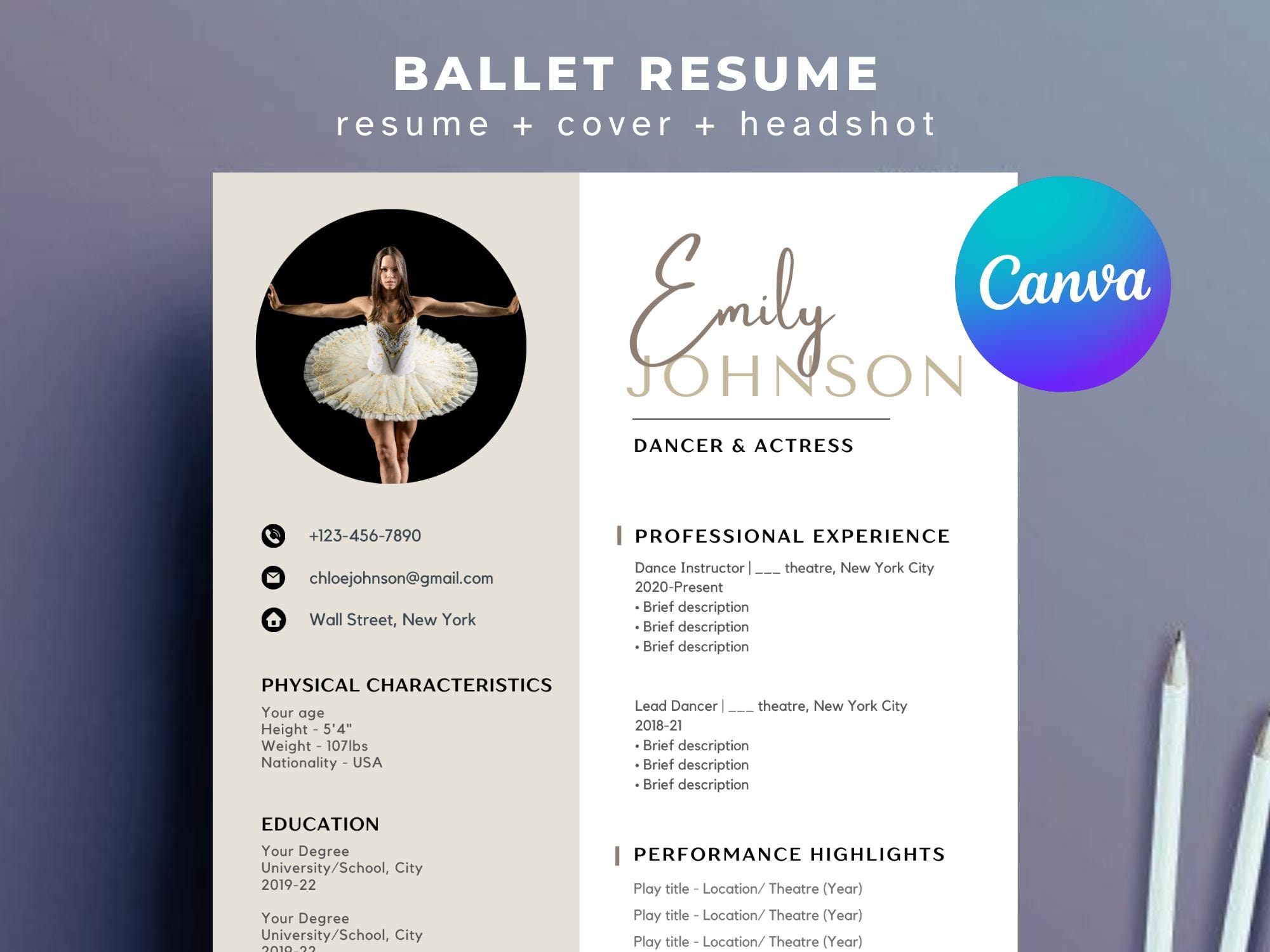 Ballet Resume Template Canva Ballerina Audition Theatre Resume Template ...