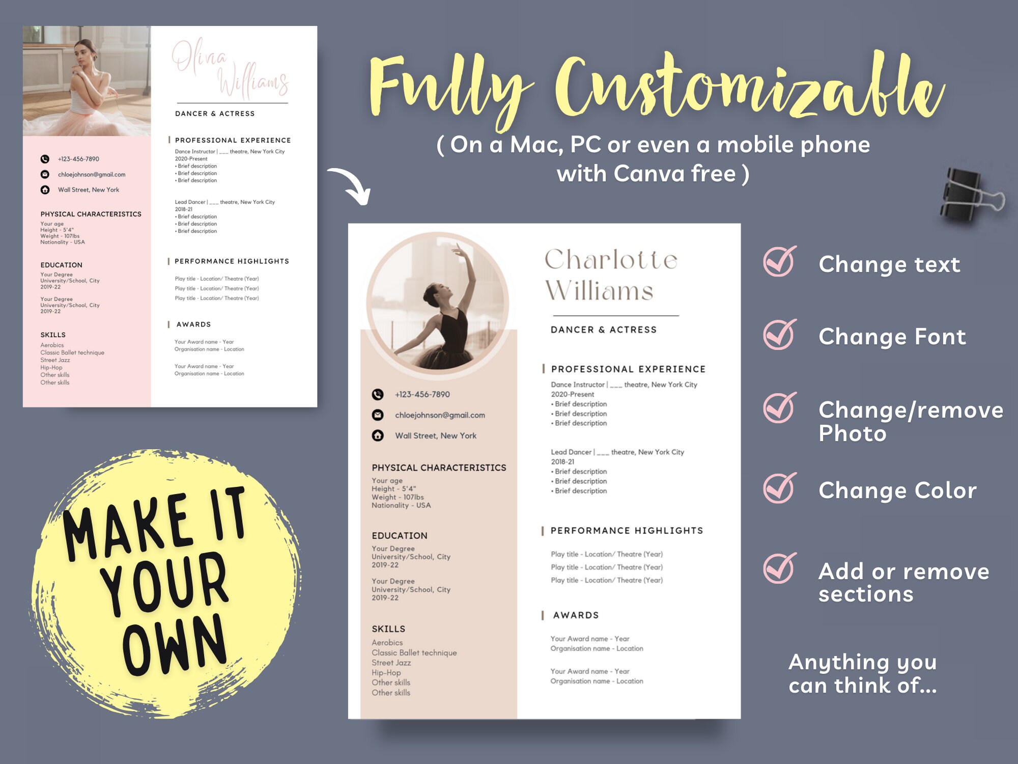 Ballet Resume Template Canva Ballerina Audition Theatre Resume Template ...