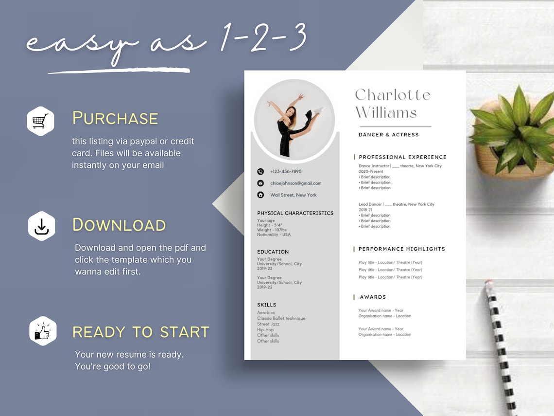 Ballet Resume Template Canva Ballerina Audition Theatre Resume Template ...