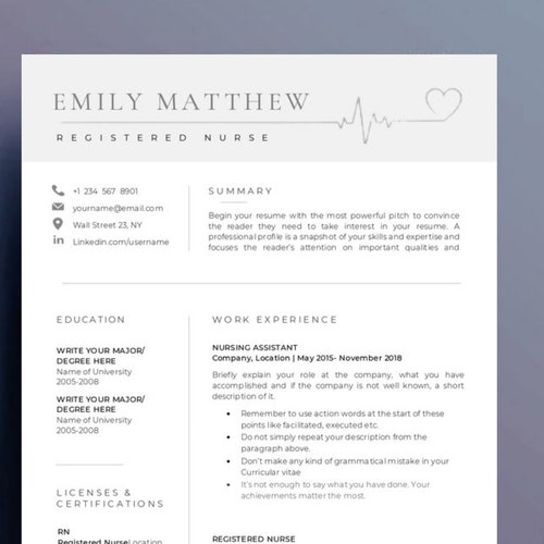 Nursing Resume Template for Word RN Registered Nurse Resume - Etsy