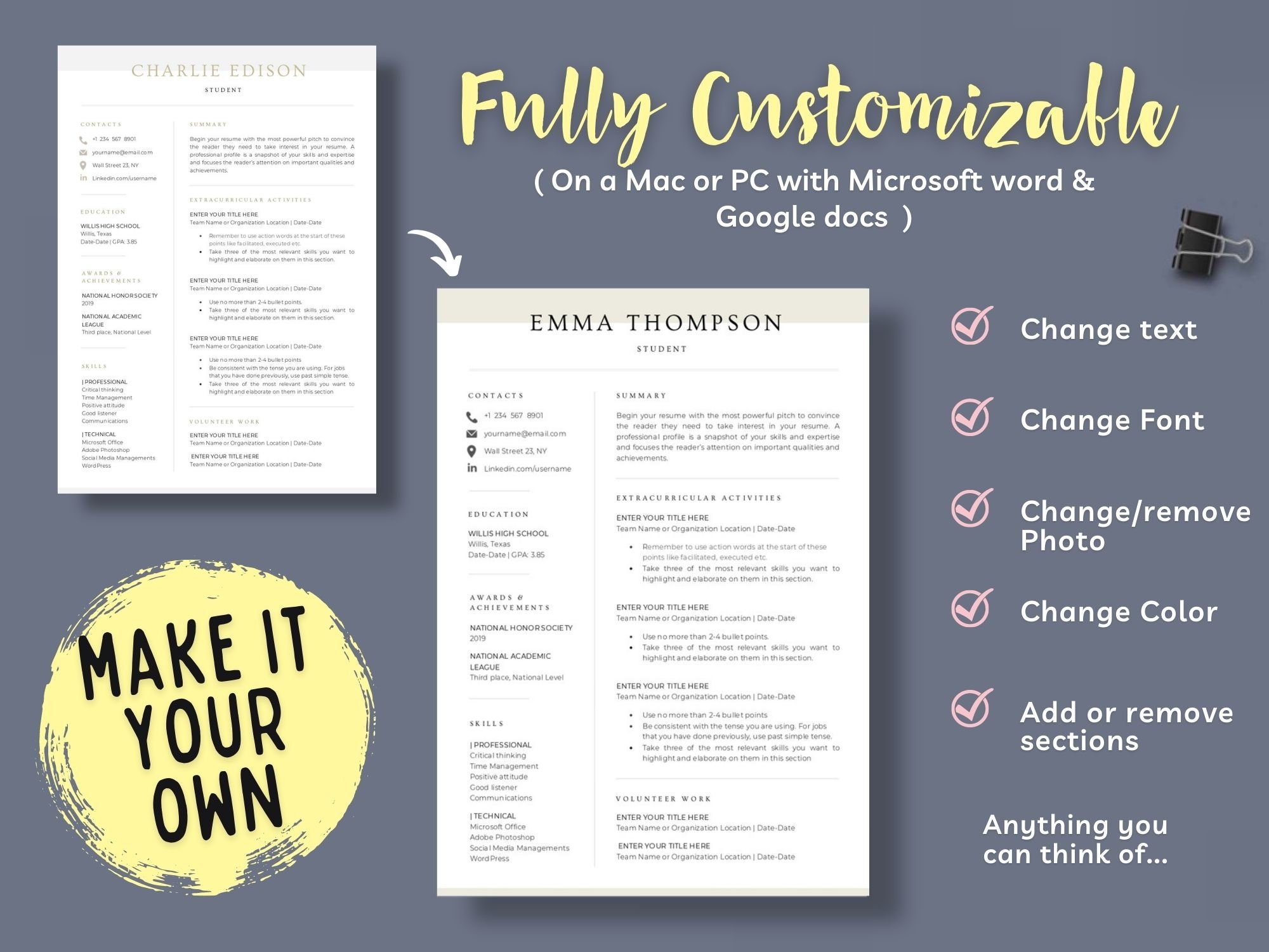 Student Resume Template Word & Google Docs 2022 College Resume Template ...