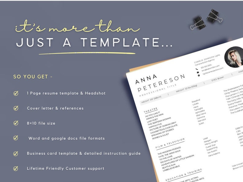 Theatre Resume Template With Headshot & Cover Letter 8x10 Size Actor ...